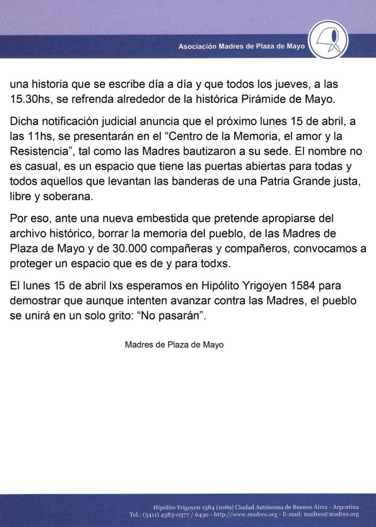Comunicado De Las Madres De Plaza De Mayo Asociación Madres De Plaza De Mayo