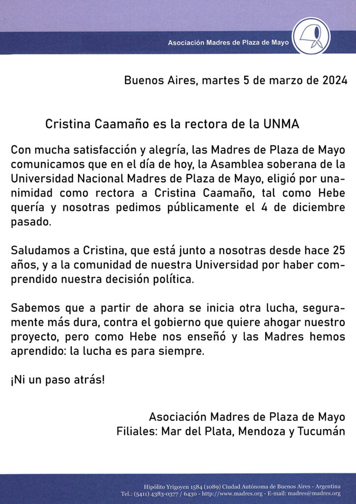 Cristina Caamaño es la rectora de la UNMA – Asociación Madres de Plaza de Mayo